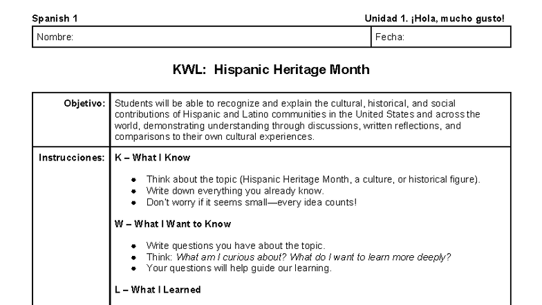 Spanish 1 Unidad 1: KWL on Hispanic Heritage Month - Studocu
