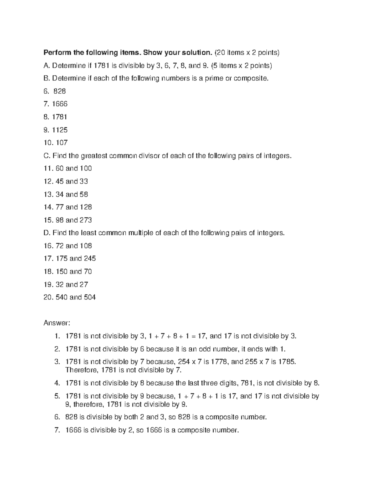 MATH 101: Task Performance on Divisibility and Prime Numbers - Studocu