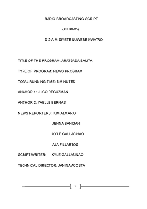 Broadcasting Script 1 - RADIO BROADCASTING SCRIPT (FILIPINO) D-Z-A-M ...