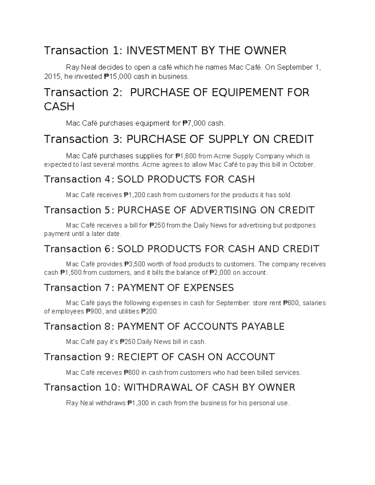 FABM 101: Mac Café Financial Transactions Overview - Studocu