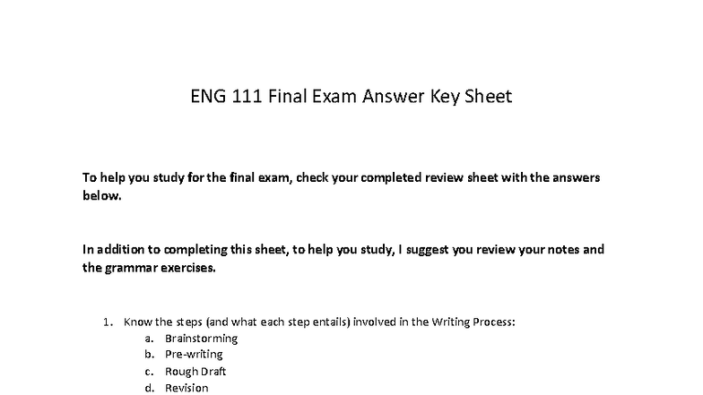 ENG 111 Final Exam Study Guide: Answer Key & Essay Tips - Studocu