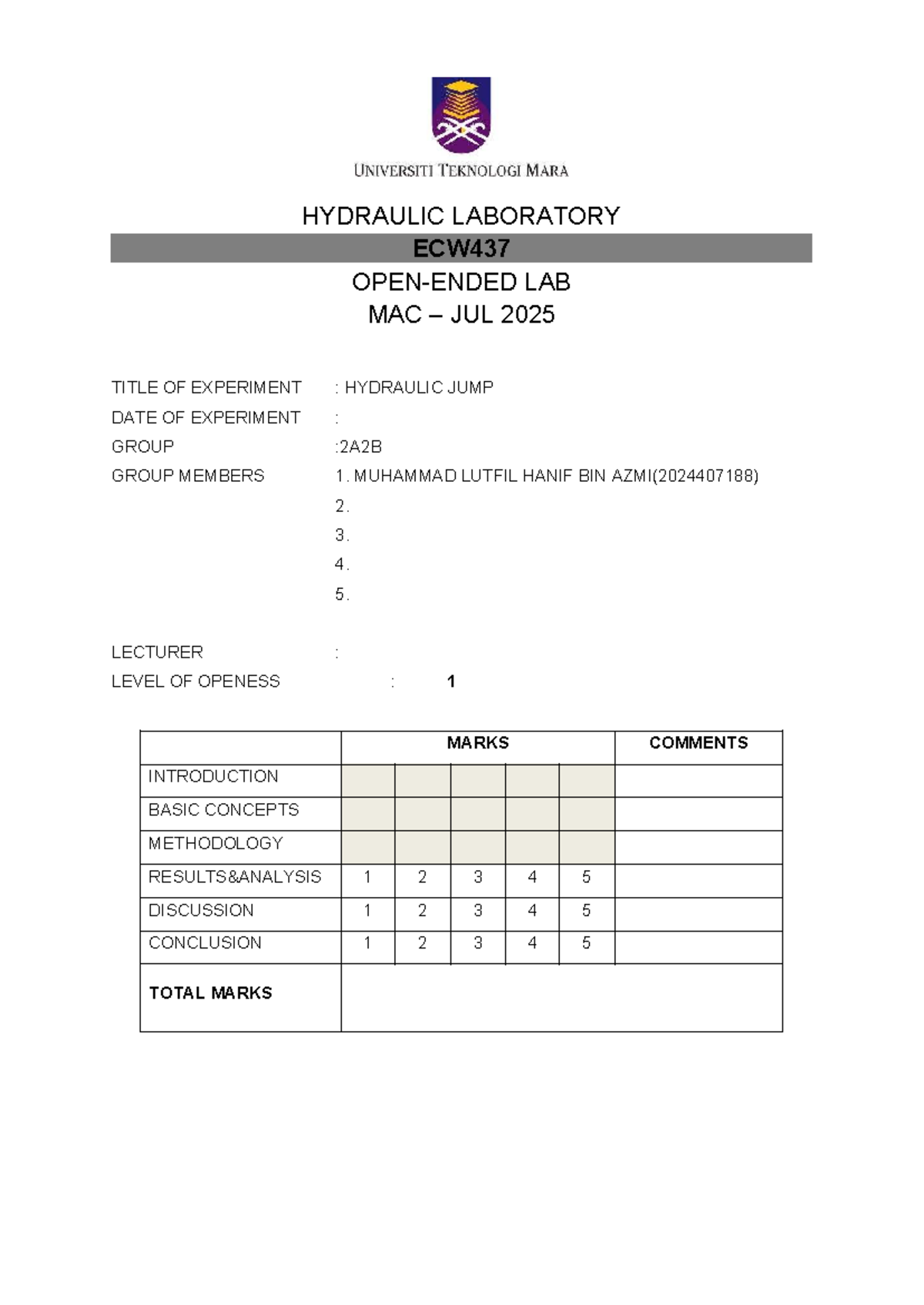 ECW437 Hydraulic Laboratory Experiment: Analyzing Hydraulic Jump - Studocu