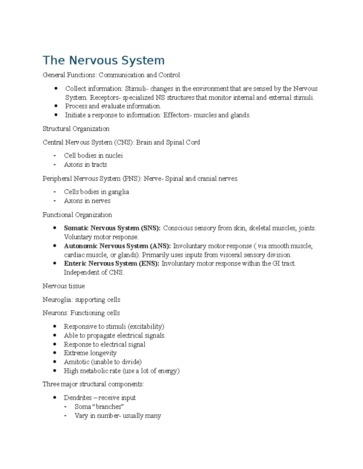 Nervous System Overview: Structure, Function, and Physiology Notes ...