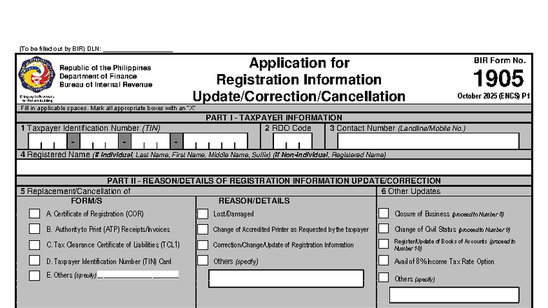 BIR Form No. 1905 Application for Registration (October 2025) - Studocu