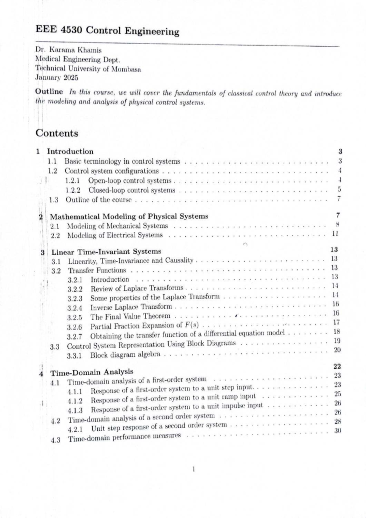 4530 Control Engineering: Fundamentals and System Analysis Outline ...