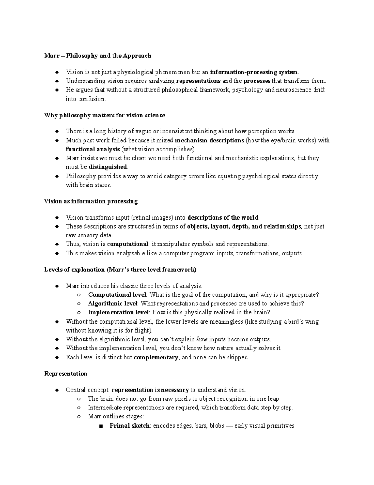 Marr 2023: Philosophy and Vision Science Framework Analysis - Studocu
