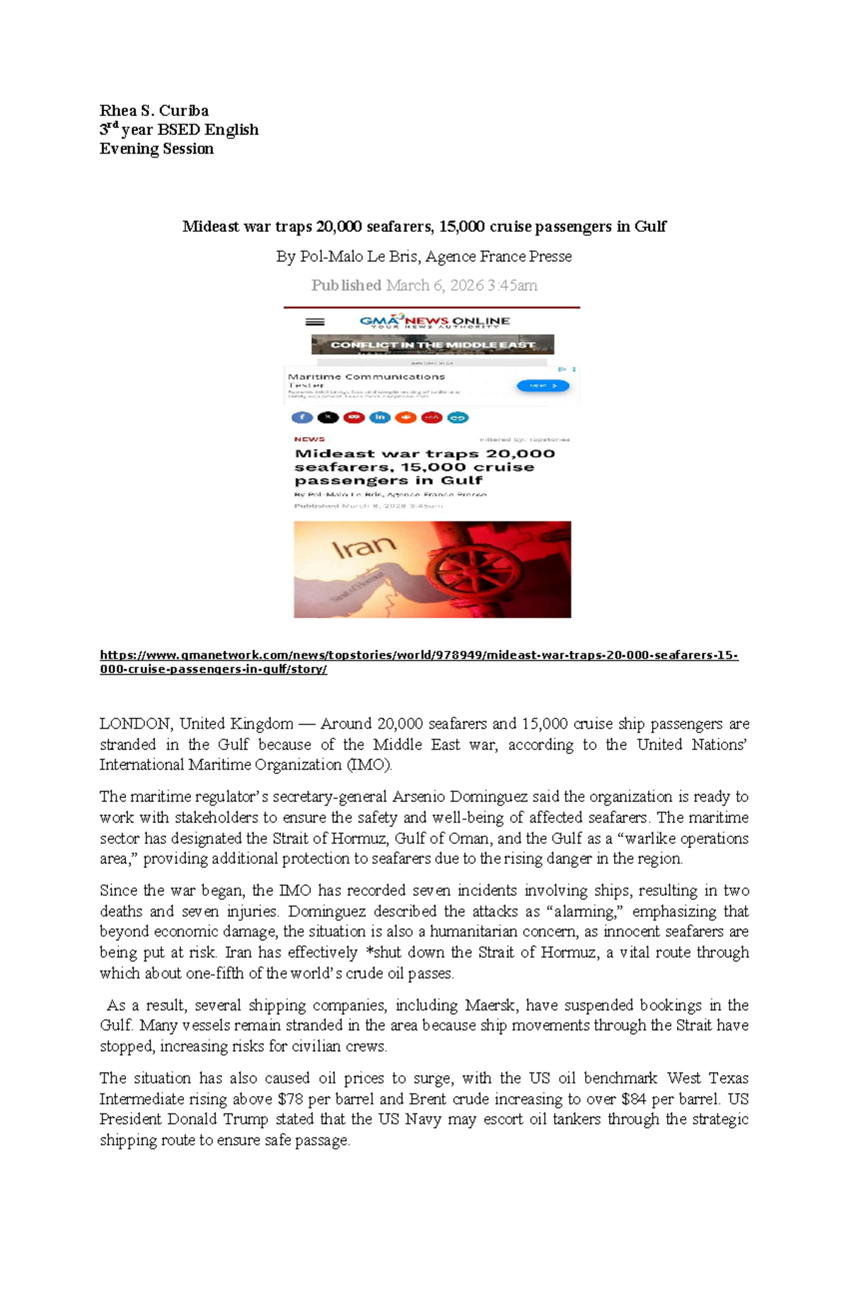 BSED English 3rd Year Assignment: Mideast War Impact on Seafarers - Studocu