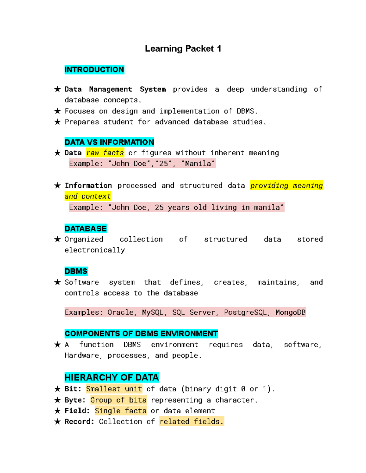 Learning Packet 1: Introduction to Data Management Systems (CP 1 4 ...