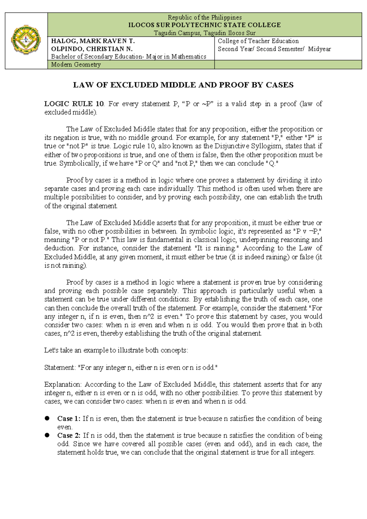 Second Midyear Exam: Law of Excluded Middle & Proof by Cases - Studocu
