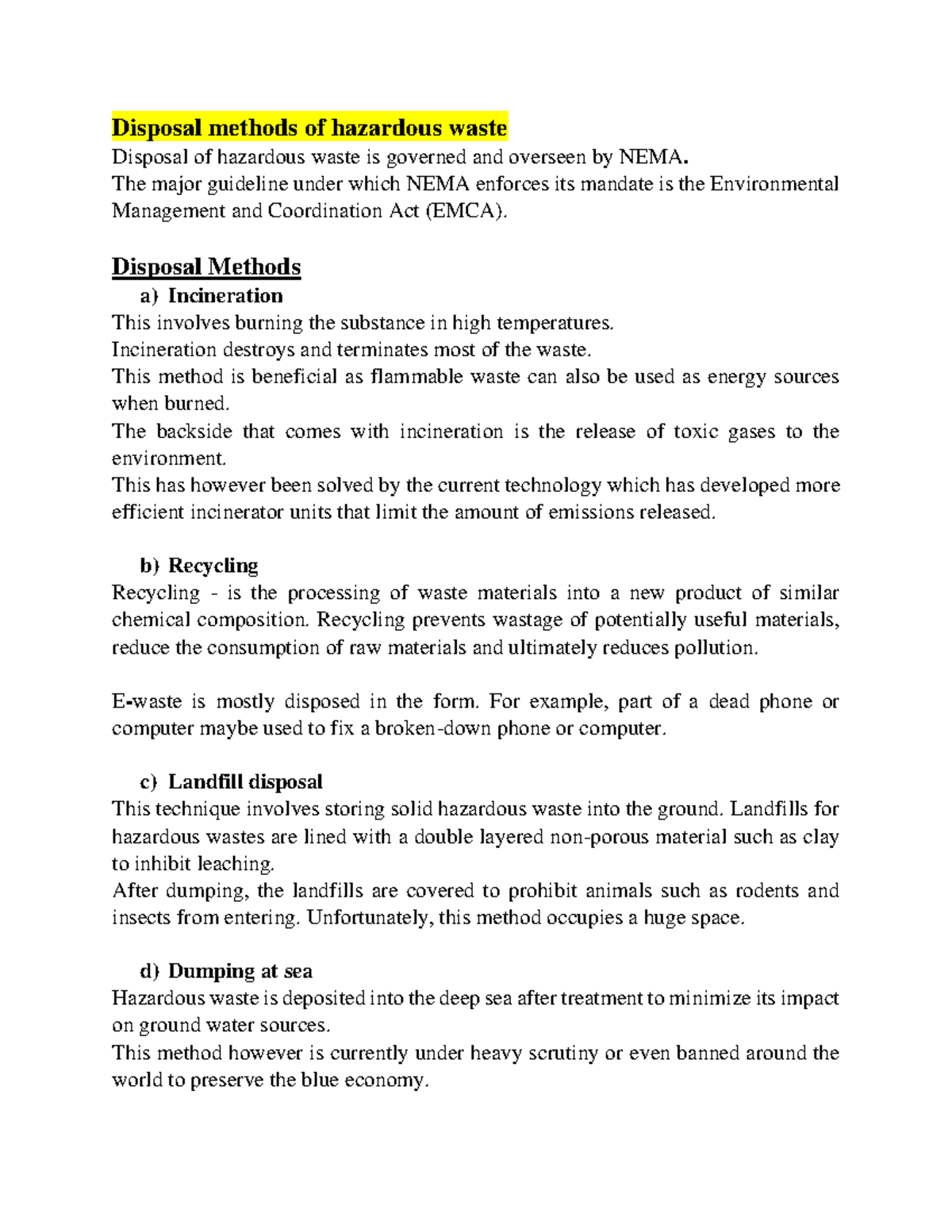 Disposal Methods of Hazardous Waste: NEMA Guidelines and Practices ...