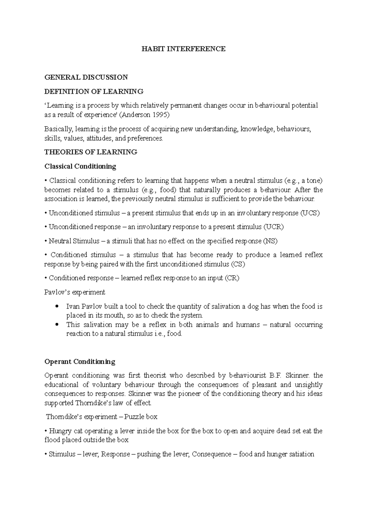 Habit Interference and Learning Theories - GEN Discussion - Studocu