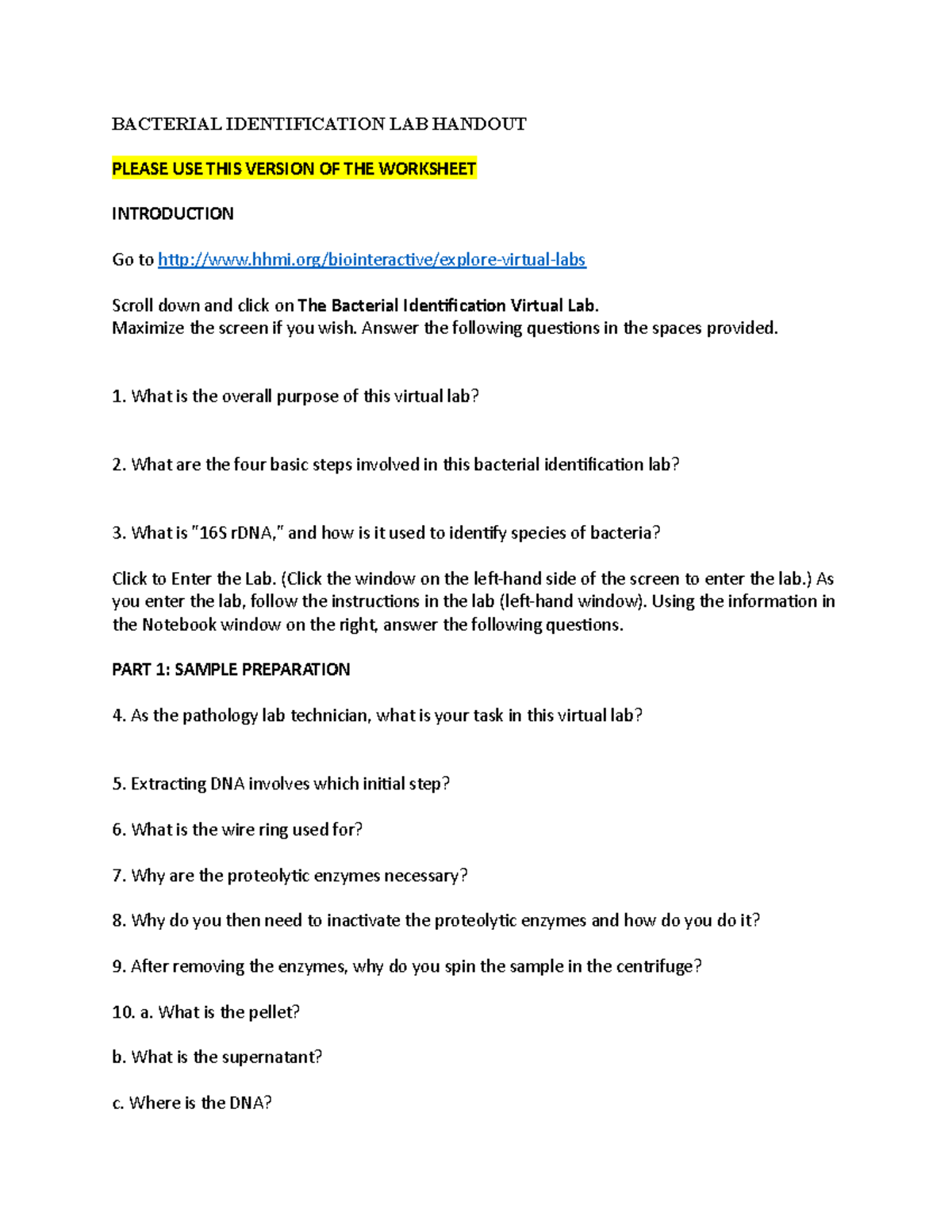 Bacteria ID WS - Lab worksheet - BACTERIAL IDENTIFICATION LAB HANDOUT ...