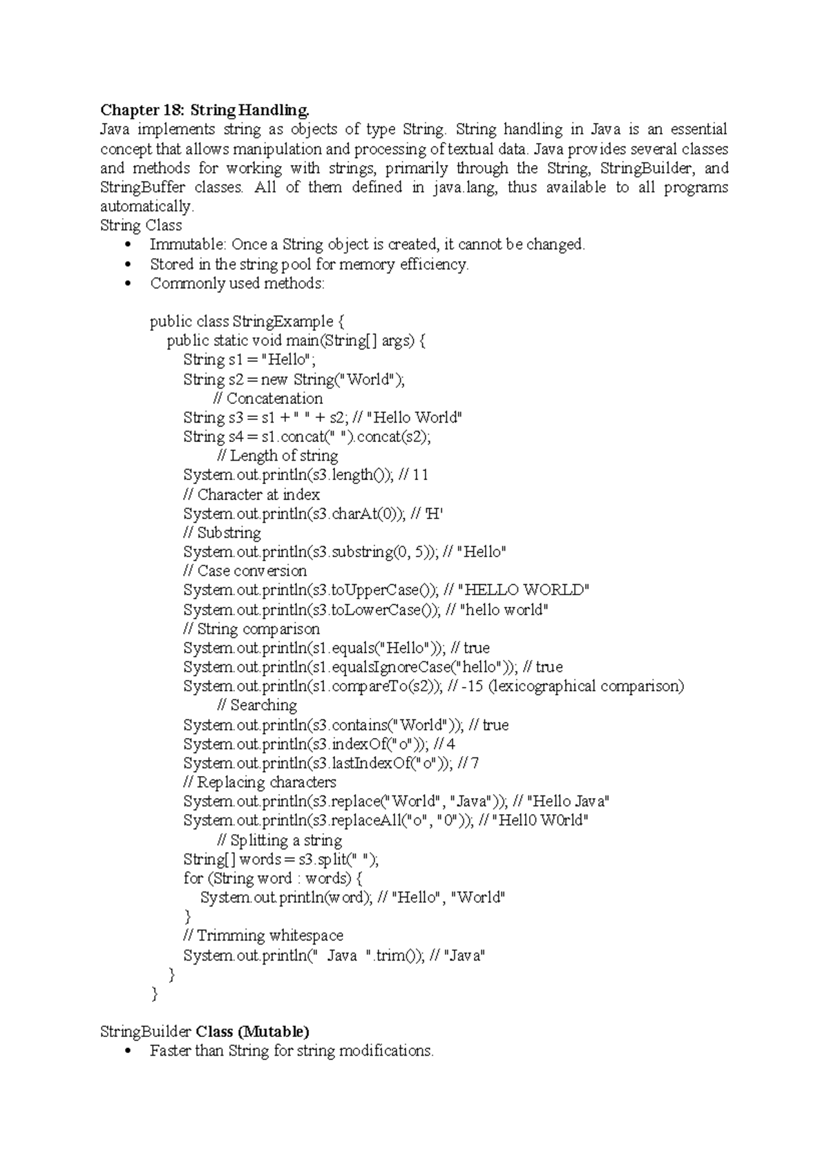 Chapter 18: String Handling in Java - Key Concepts and Methods - Studocu