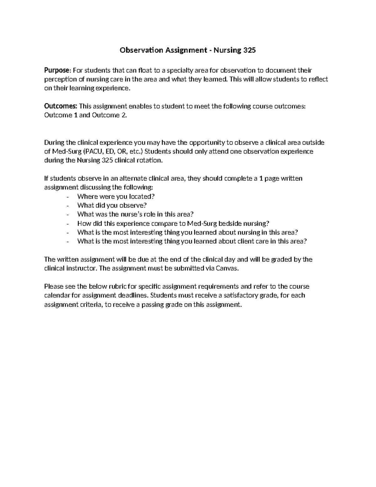 NURS 325 Observation Assignment: Reflecting on Nursing Care - Studocu