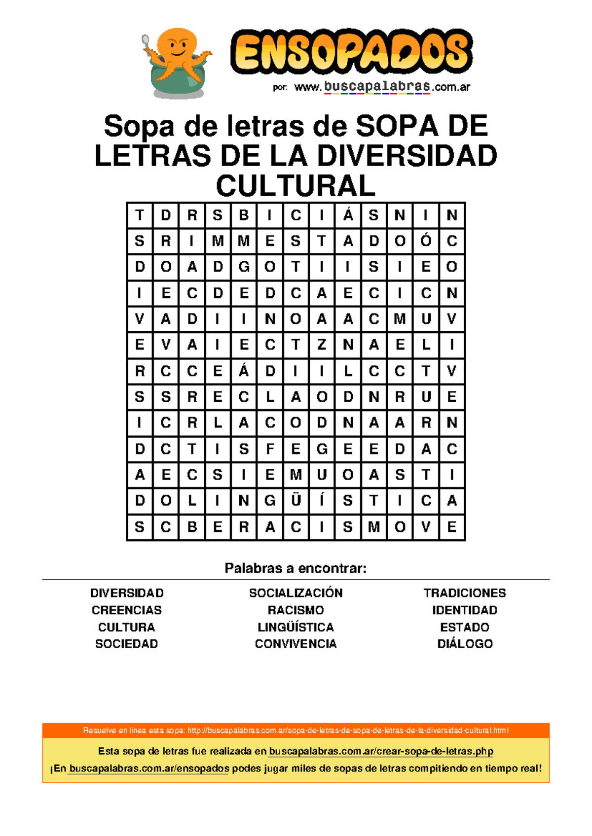 Sopa de Letras: Diversidad Cultural y Palabras Clave (Curso de Lengua ...