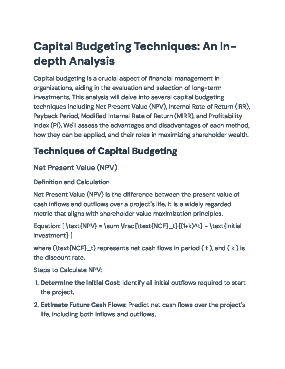 Capital Budgeting Techniques Npv Irr Mirr Payback Analysis Studocu