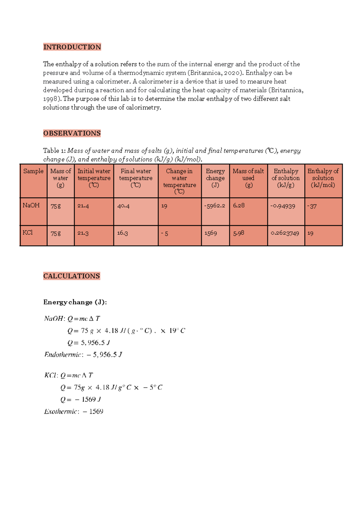 LAB: Calorimetry of Salt Solutions - Molar Enthalpy Analysis - Studocu