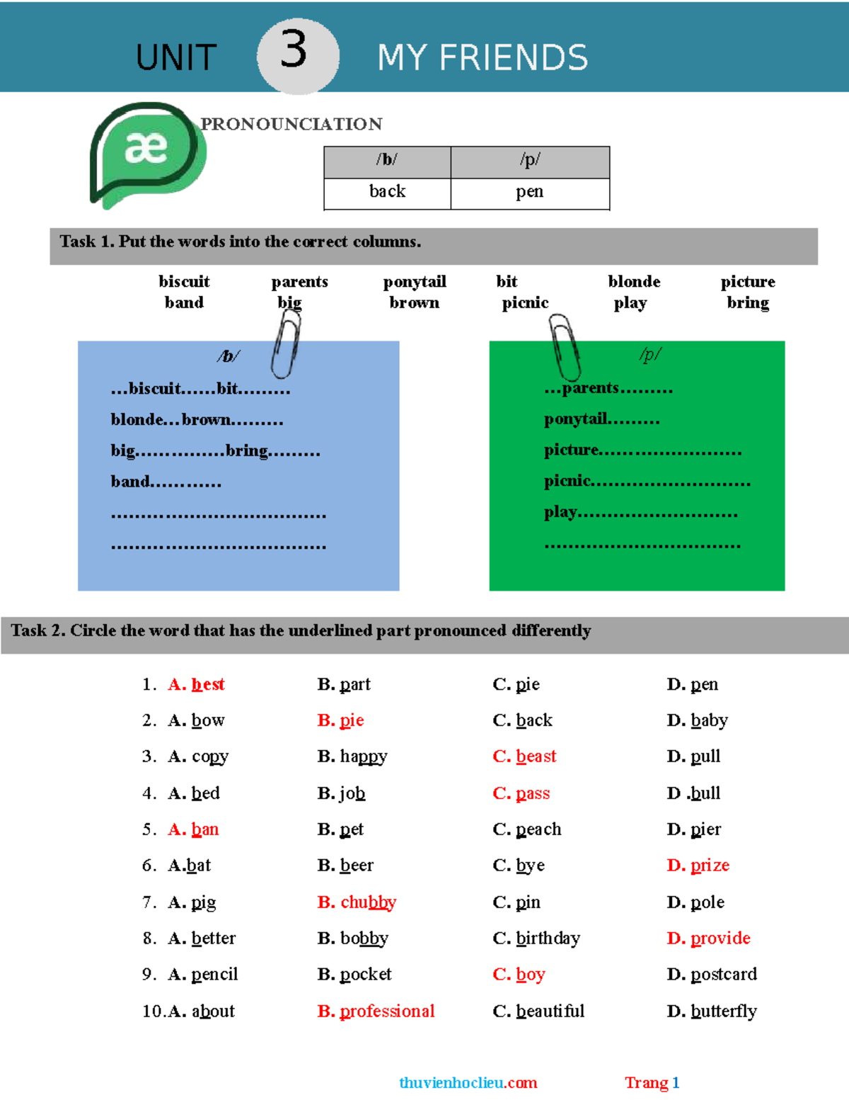 Unit 3 My Friends Pronunciation And Vocabulary Exercises Studocu
