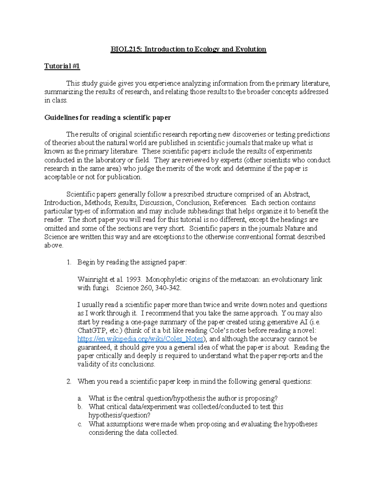 BIOL215: Guidelines for Reading Scientific Papers - Tutorial 1 - Studocu