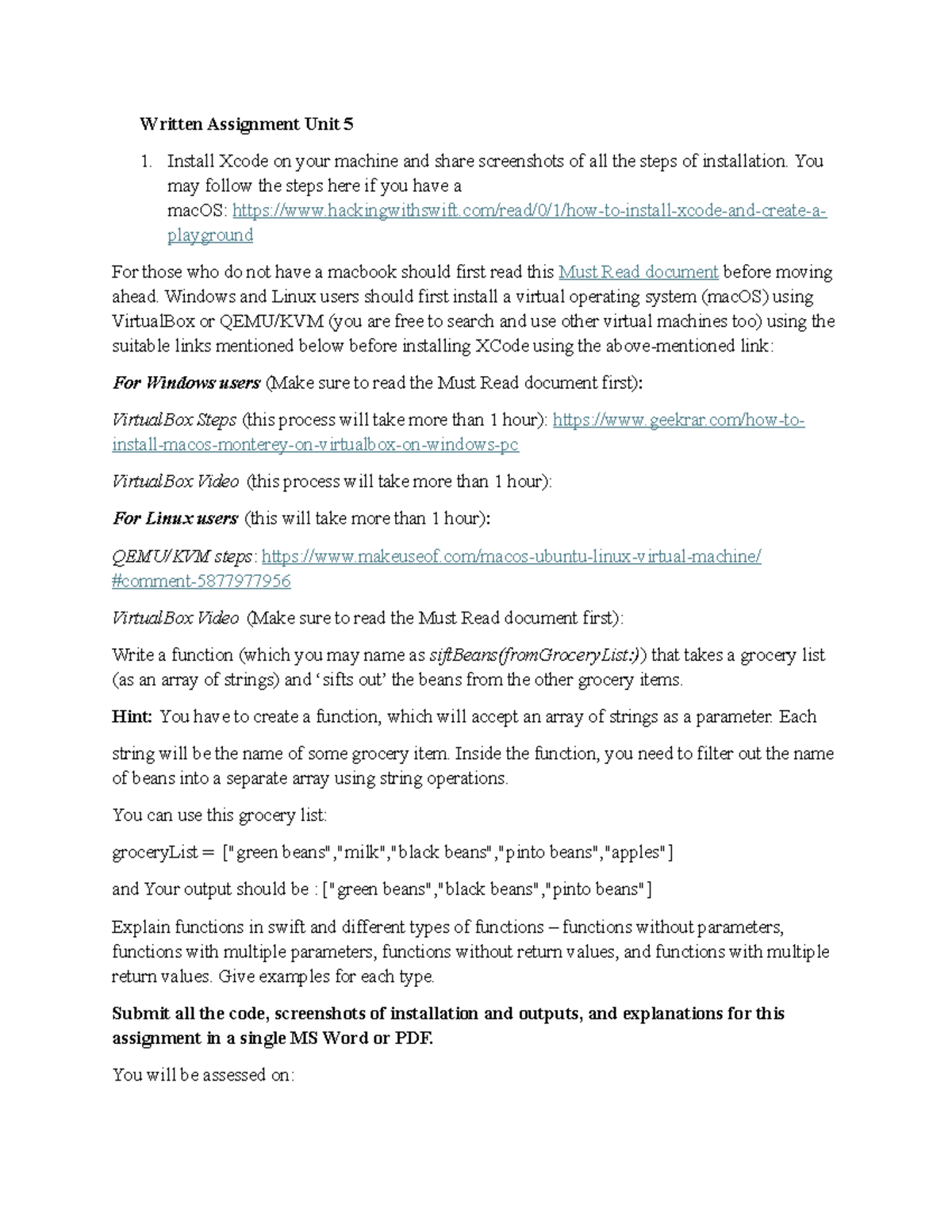Written Assignment: Xcode Installation & Swift Functions (Unit 5) - Studocu