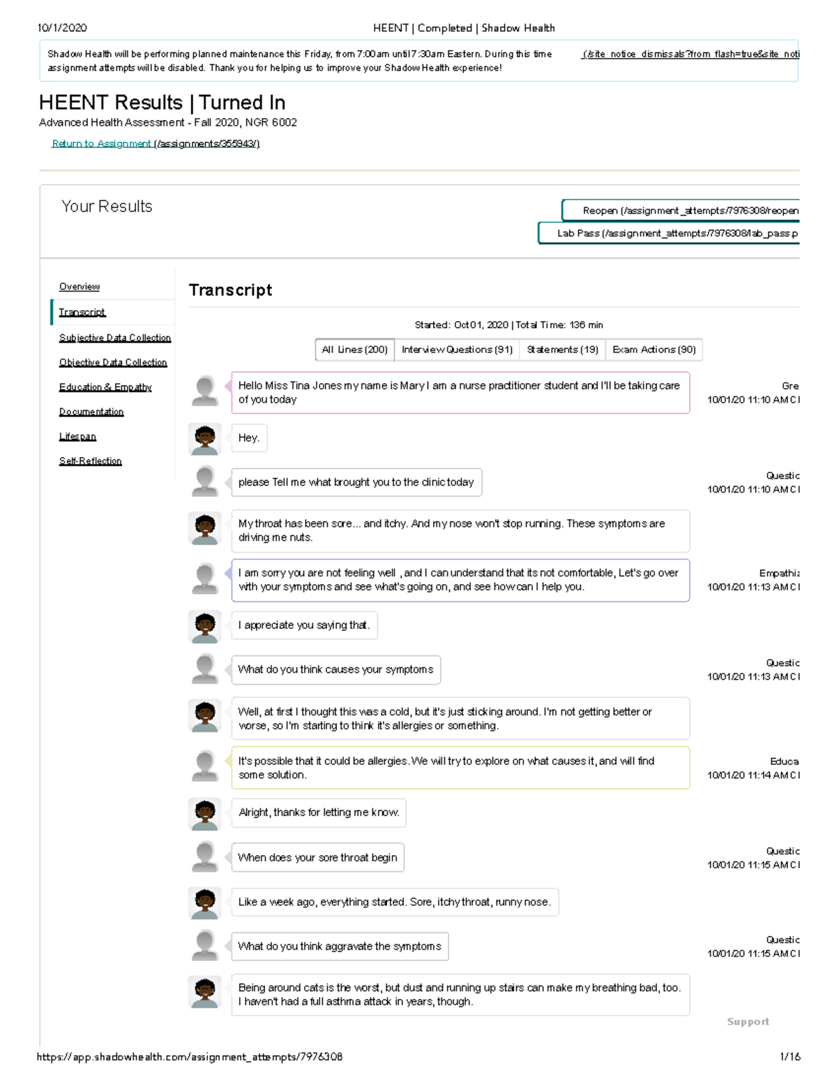 HEENT Advanced Assessment Transcript - Tina Jones | NGR 6002 - Studocu