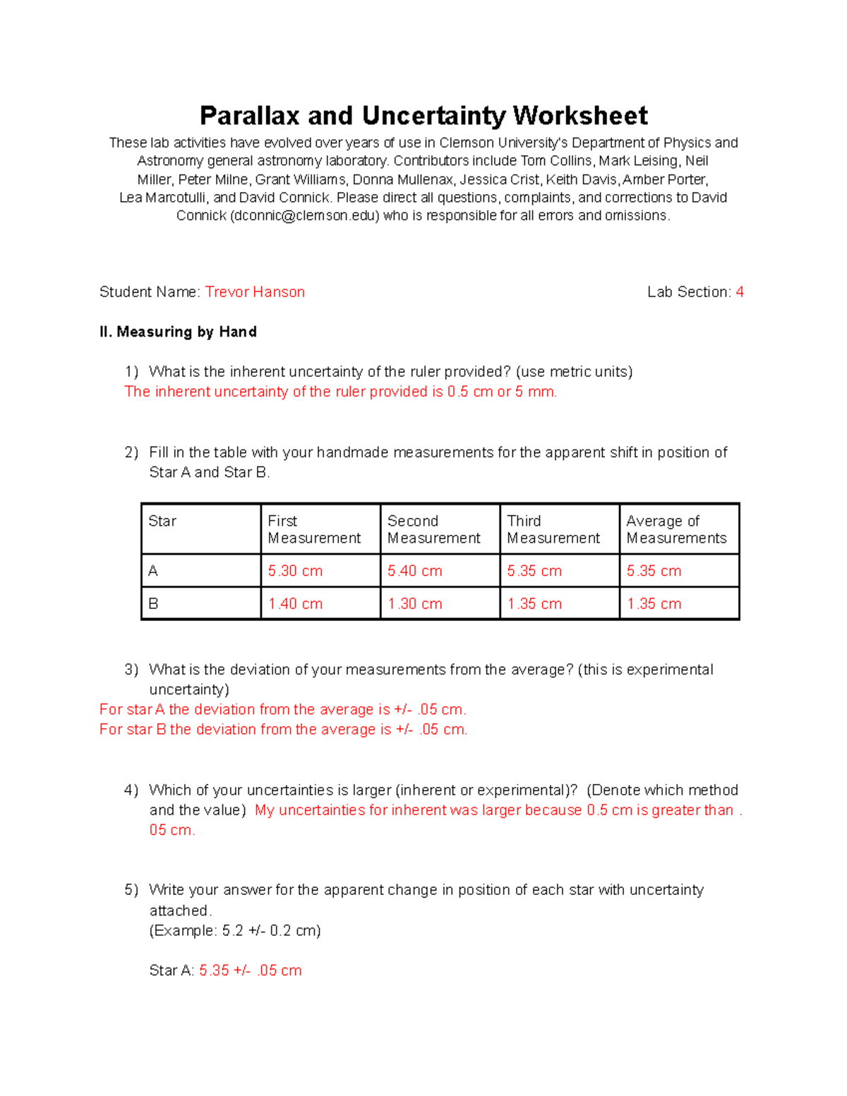 Clemson PHYS 101 Parallax & Uncertainty Lab Worksheet - Studocu