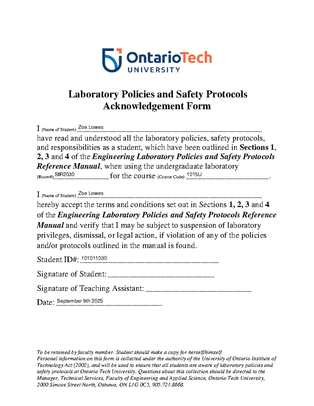 Engineering Lab Safety Protocols Acknowledgement Form 101011030 - Studocu