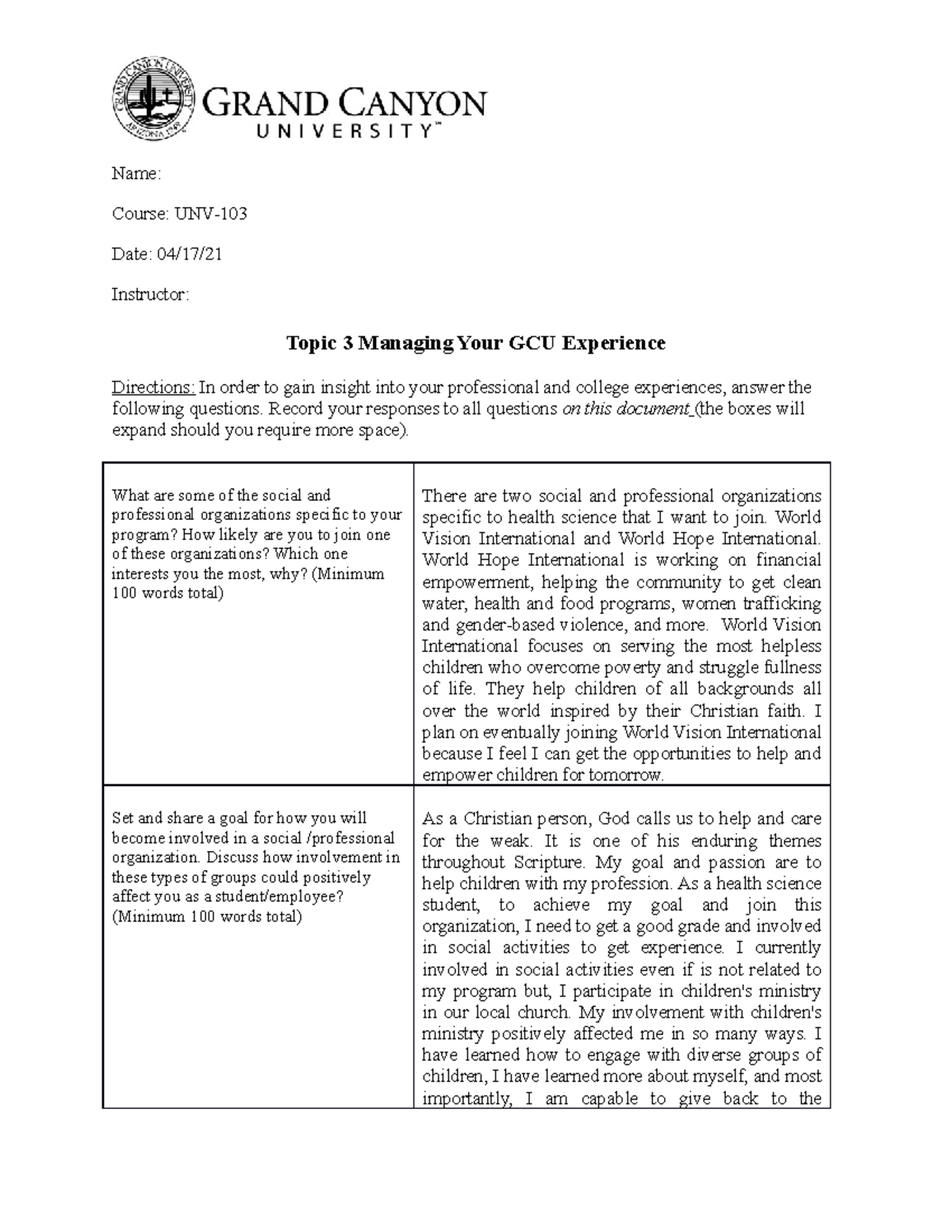 UNV-103 T3Managing your GCU Experience - Name: Course: UNV- Date: 04/17 ...