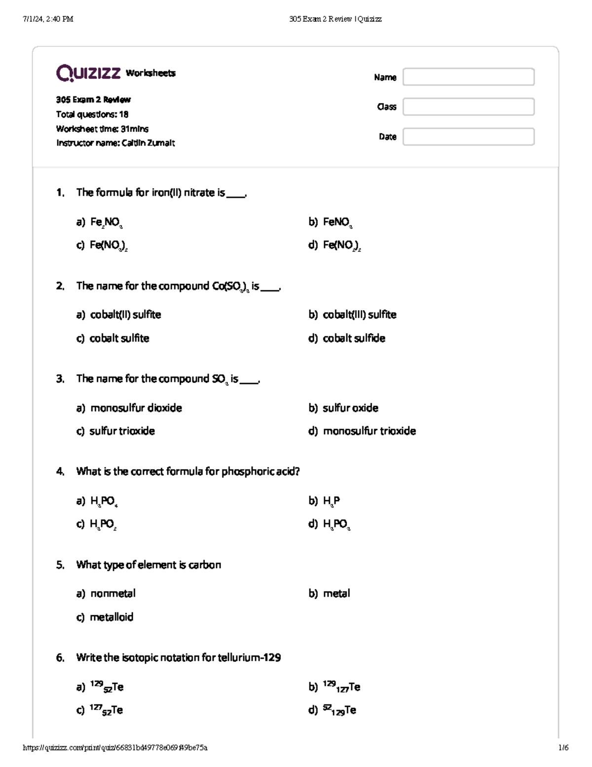 305 Chemistry Exam 2 Review: Questions & Answer Key - Studocu