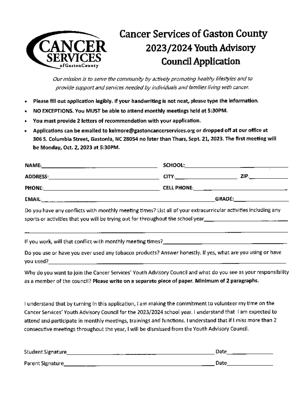 Cancer Services of GC Youth Advisory Council Application - Studocu