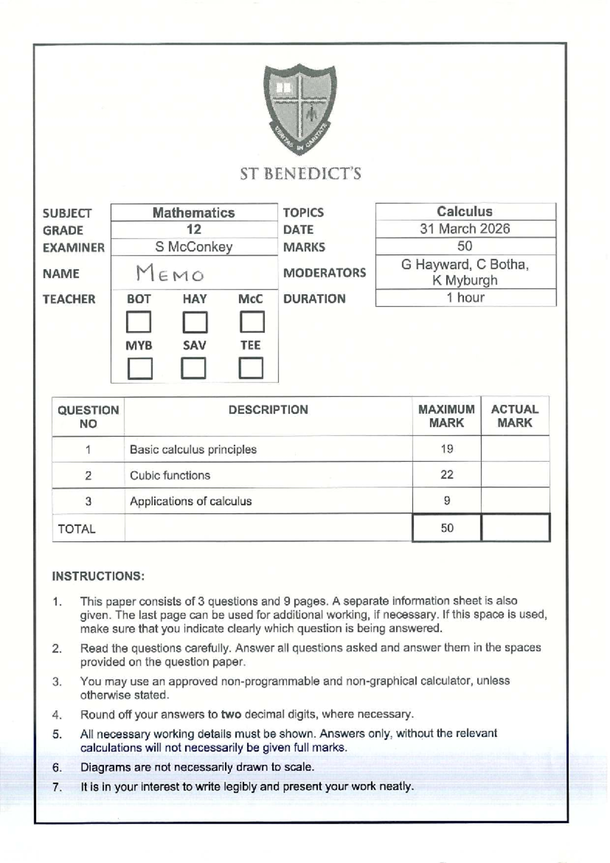 Grade 12 Mathematics Calculus Exam Memo - March 2026 - Studocu