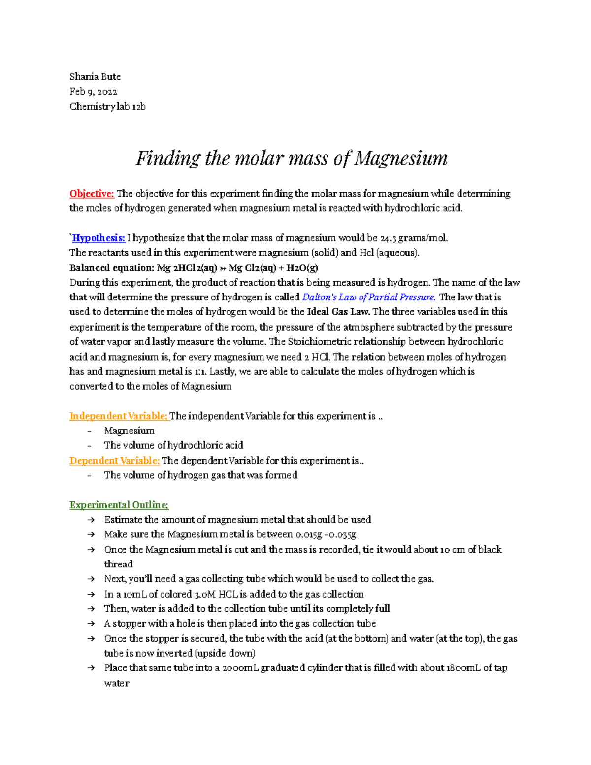 Chem Lab 12B: Molar Mass Determination of Magnesium Experiment - Studocu