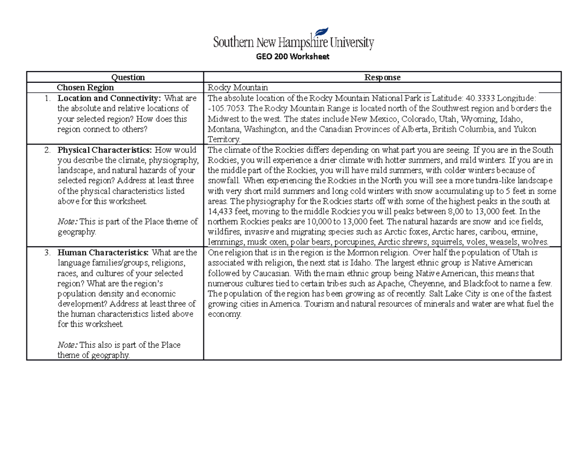 GEO 200 Rocky Mountain Region Worksheet Responses and Observations ...
