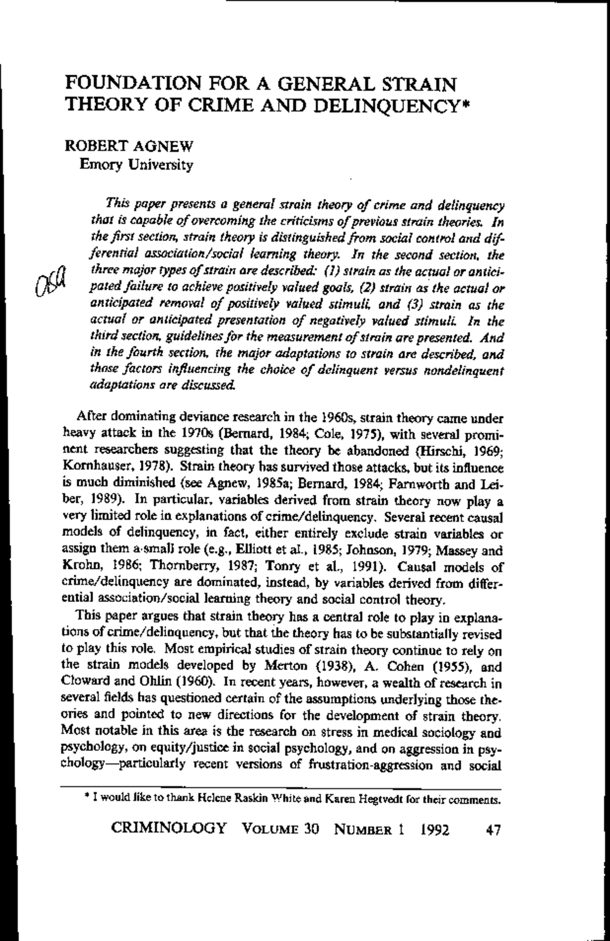 A General Strain Theory of Crime and Delinquency: Insights & Revisions ...