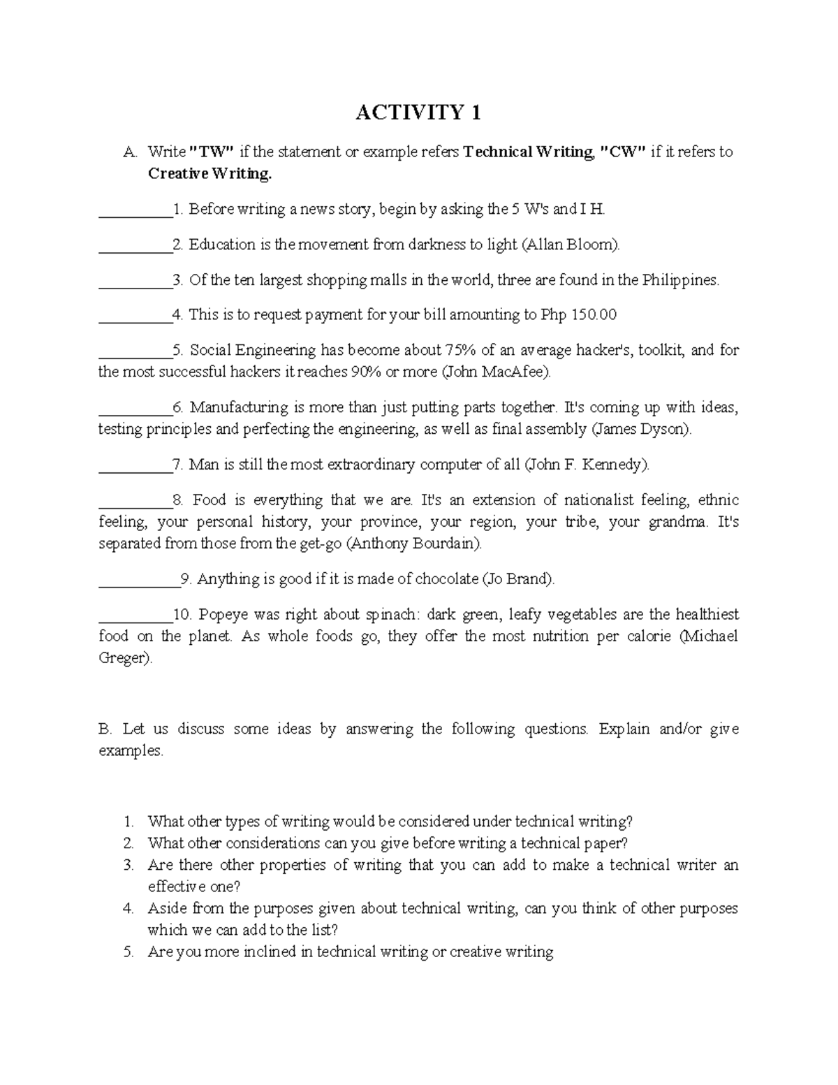Technical Writing Activity: Identify TW vs CW Examples - Studocu