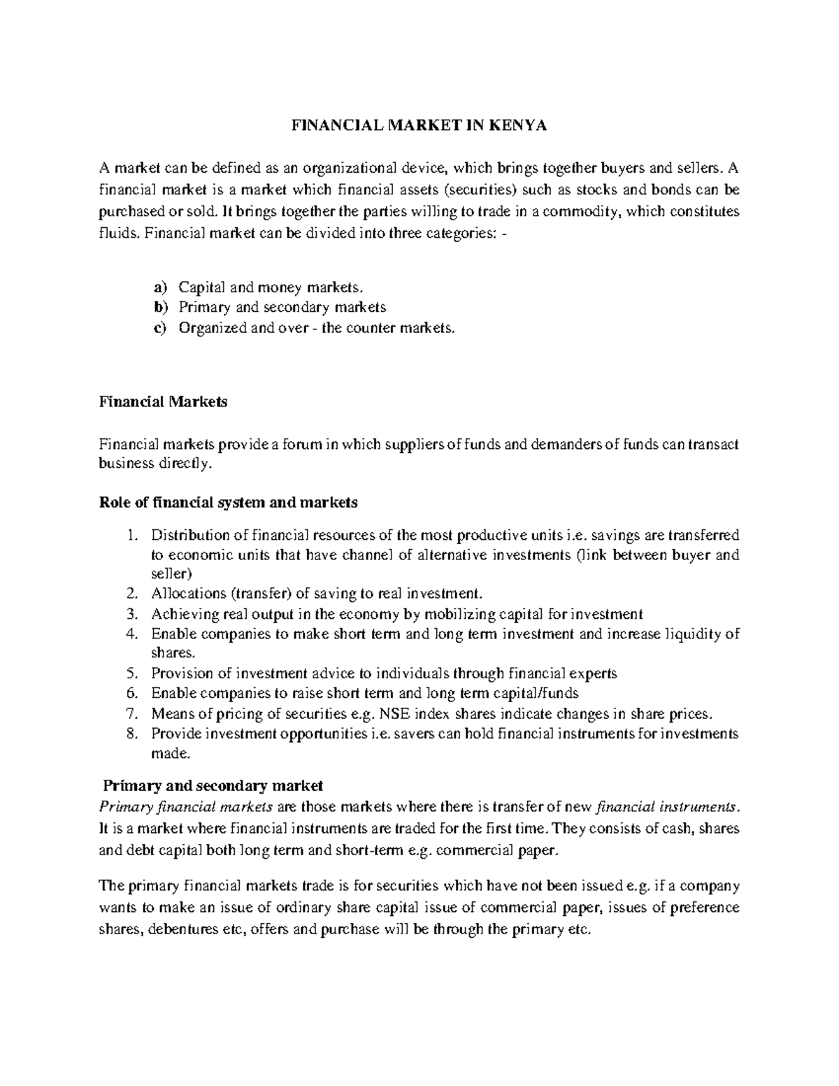 FIN 101: Overview of Financial Markets in Kenya - Studocu