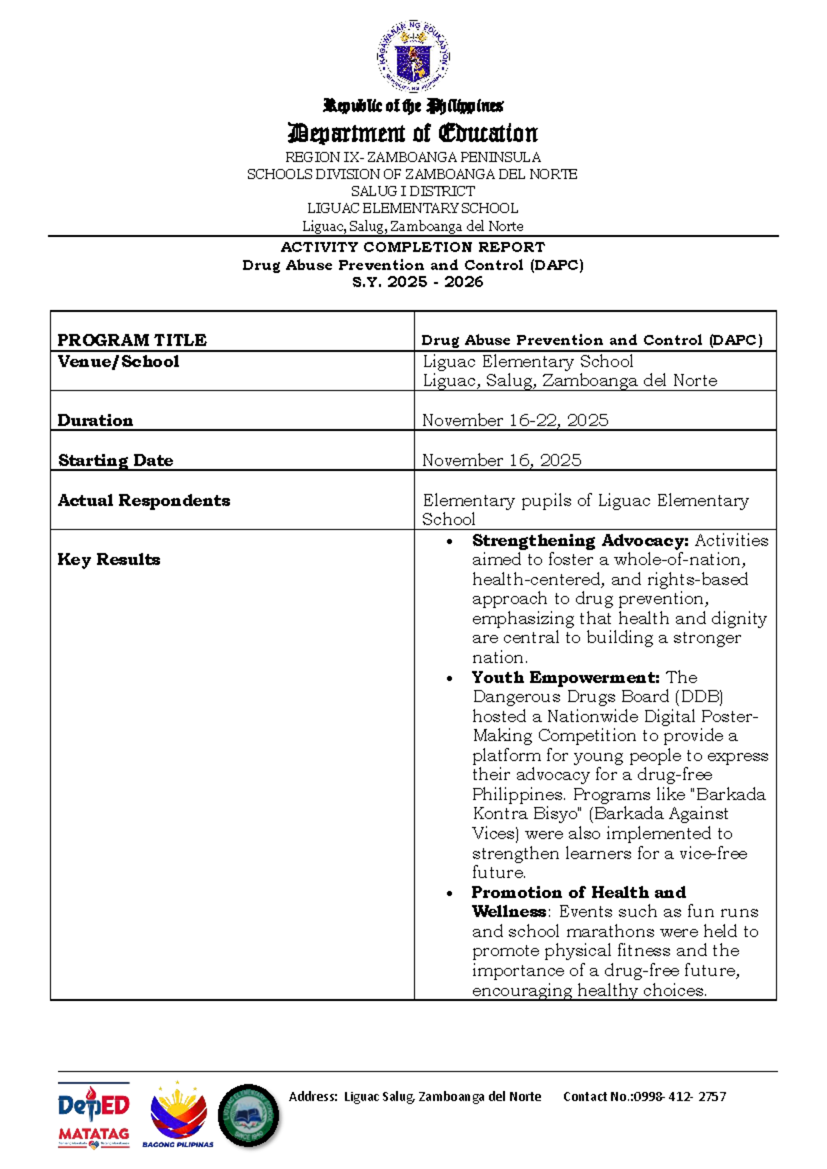 Liguac ES Drug Abuse Prevention and Control (DAPC) Activity Report 2025 ...