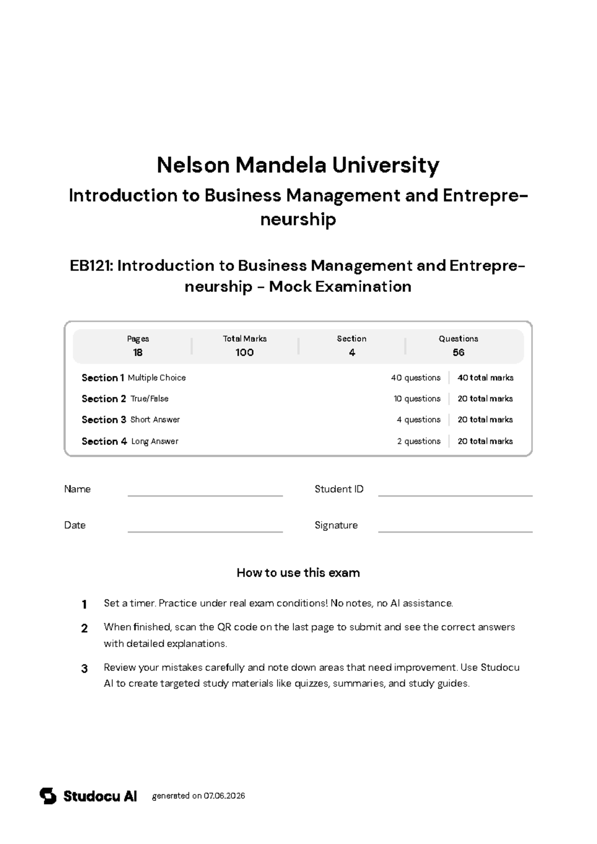 EB121: Business Management & Entrepreneurship - Mock Exam - Studocu