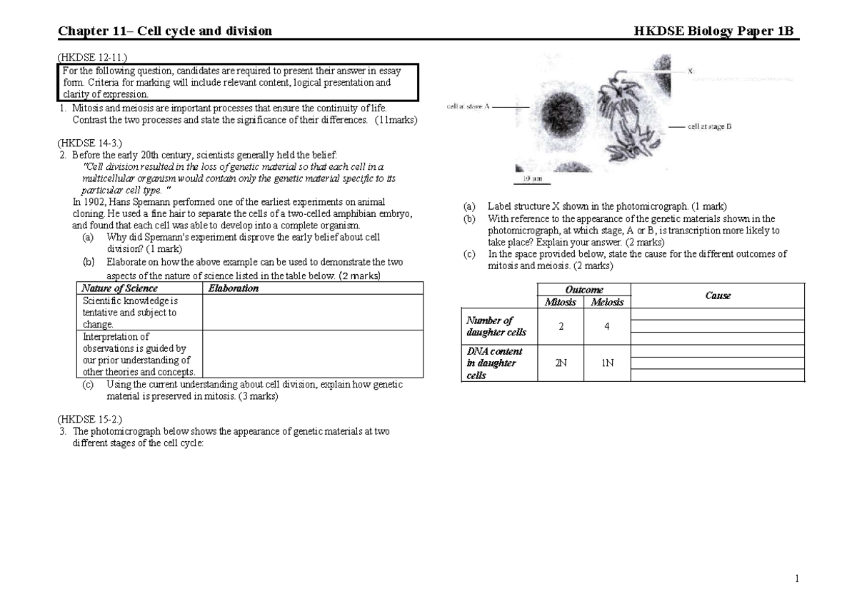 Chapter on Cell Cycle and Division - HKDSE Biology Paper 1B - Studocu