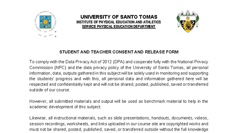 UST PE Dept. Student & Teacher Consent Form for Data Privacy - Studocu