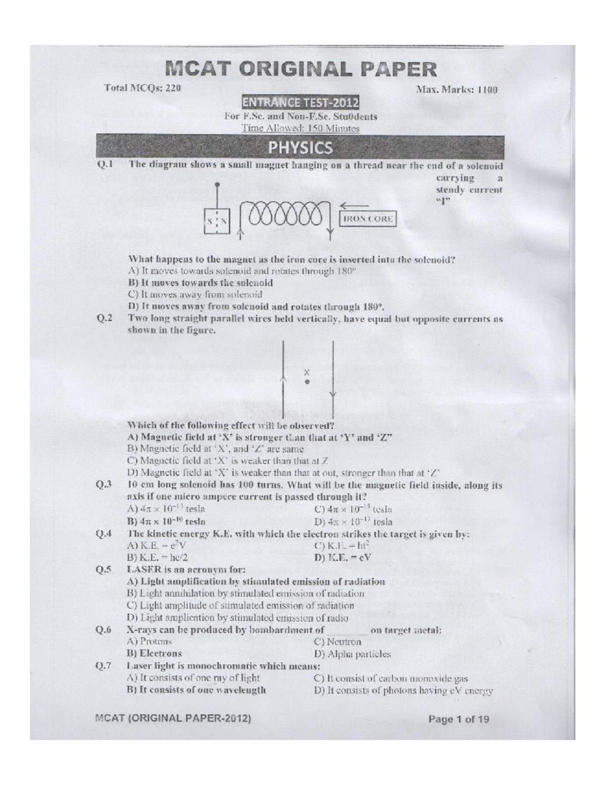 MCAT PHYSICS ORIGINAL PAPER: 220 MCQs with Solutions for Entrance Exam ...