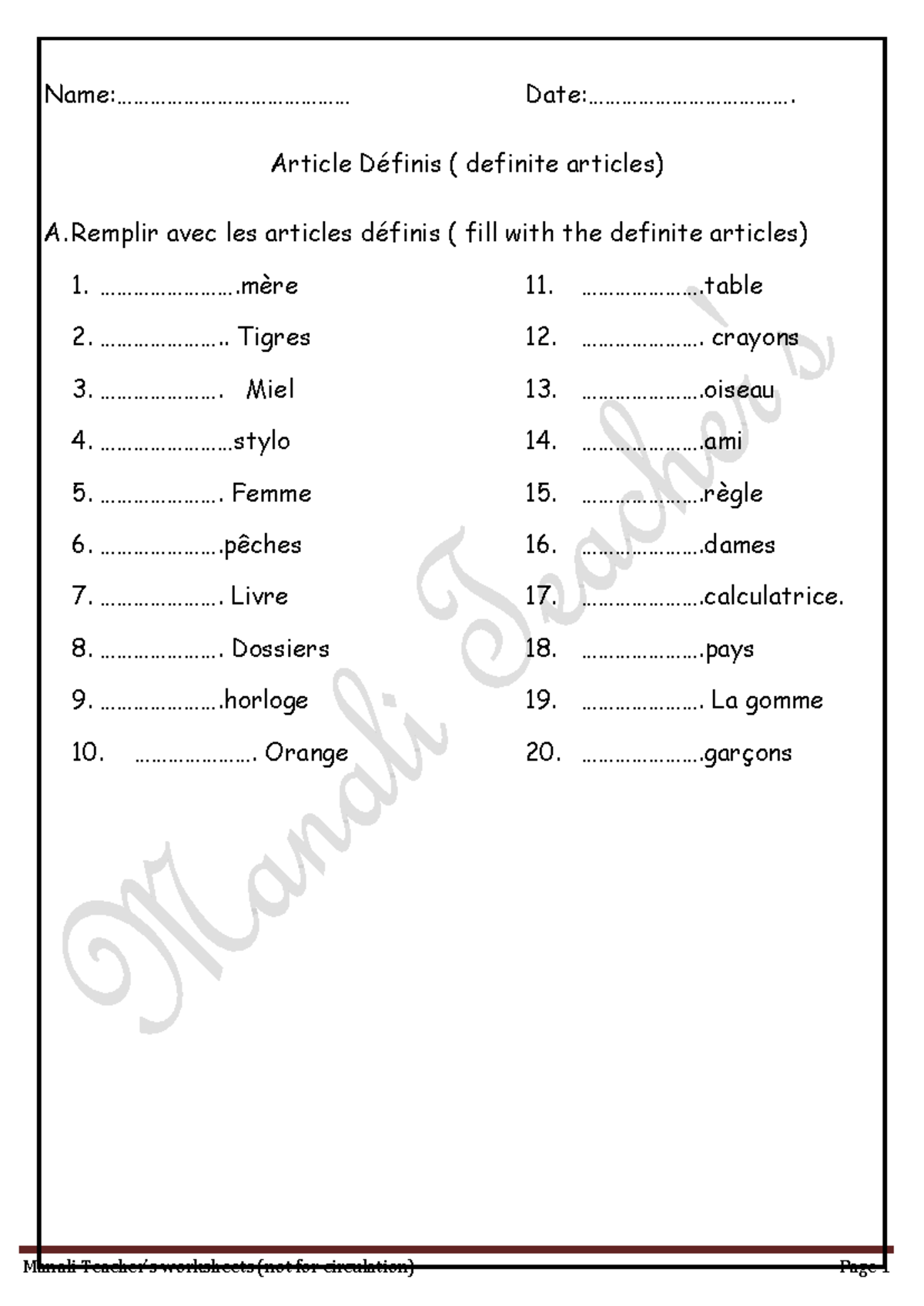 Article definite - FRENCH - Manali Teacher’s worksheets (not for ...
