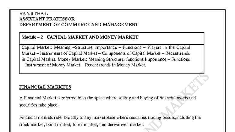 FIM 2 - Capital Market & Money Market Overview and Functions - Studocu