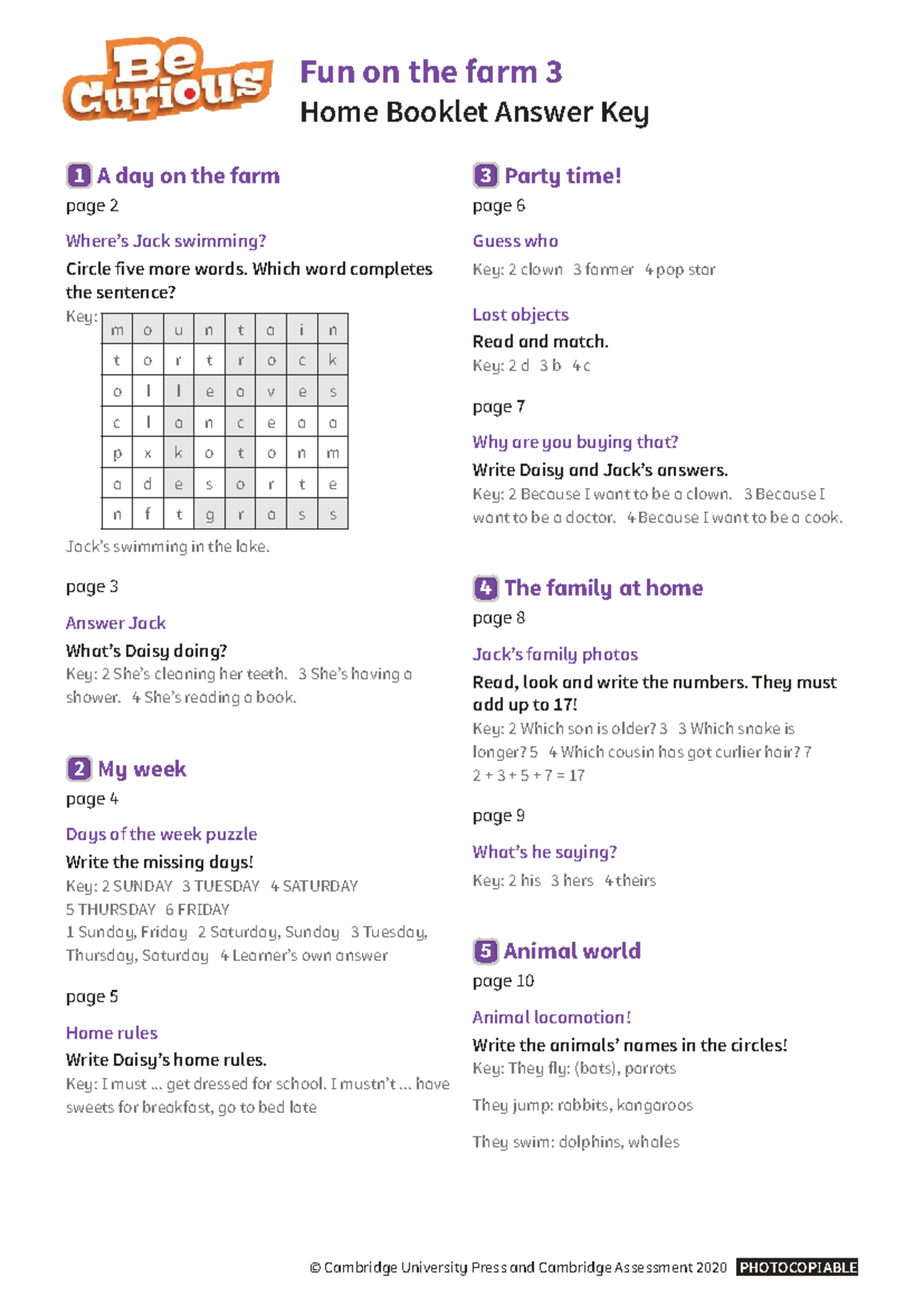 Be Curious 3 Home Booklet Answer Key: Fun on the Farm Activities - Studocu