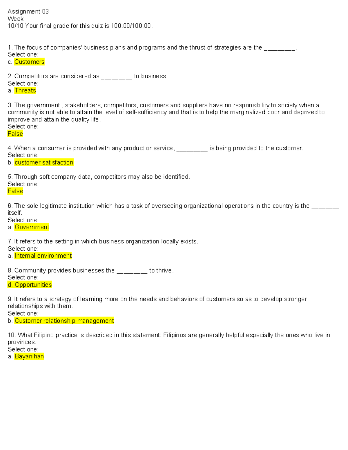 Assignment 003 - BSBA Strategic Management Quiz Insights - Studocu