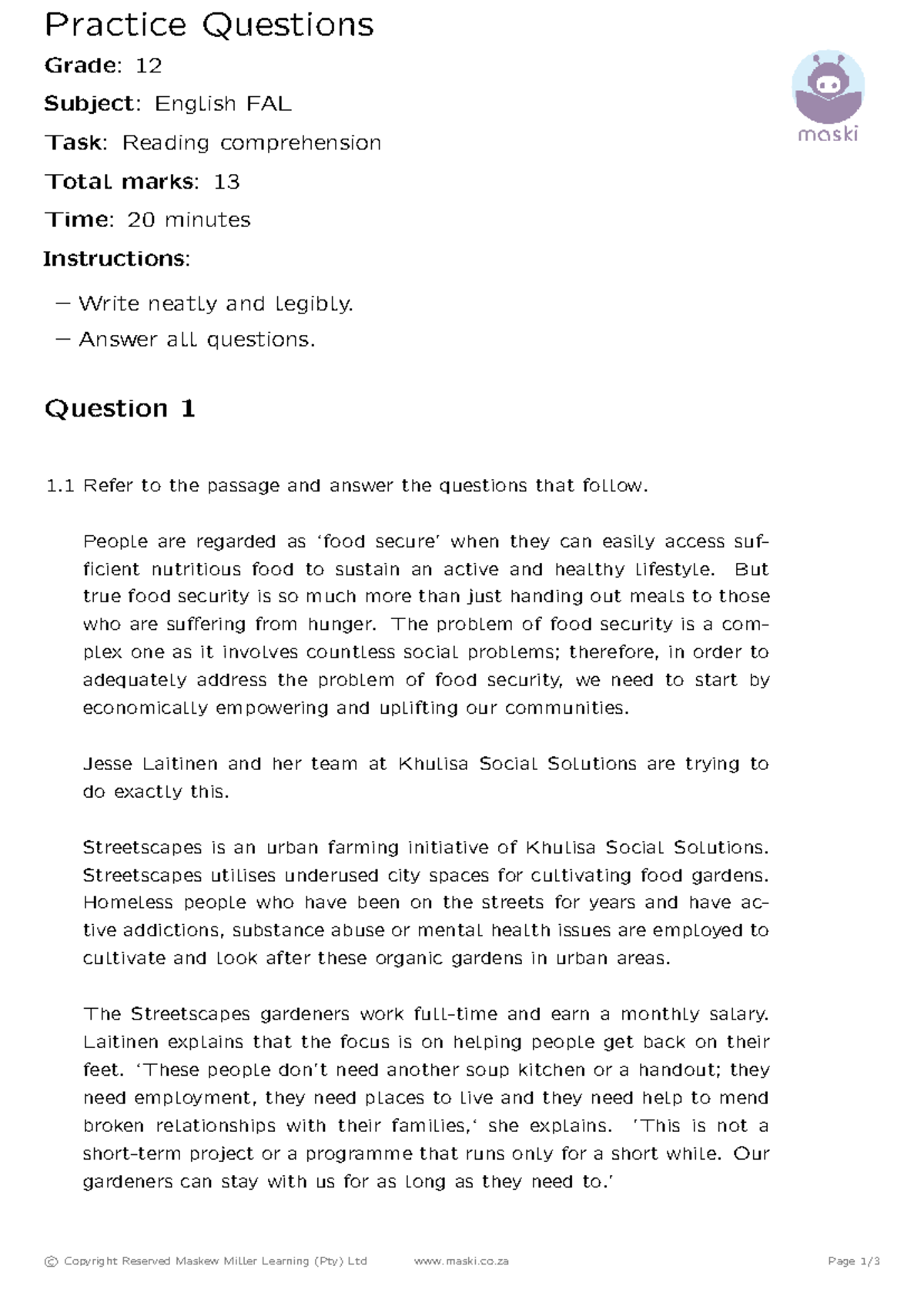 Grade 12 English FAL: Reading Comprehension Practice Questions - Studocu