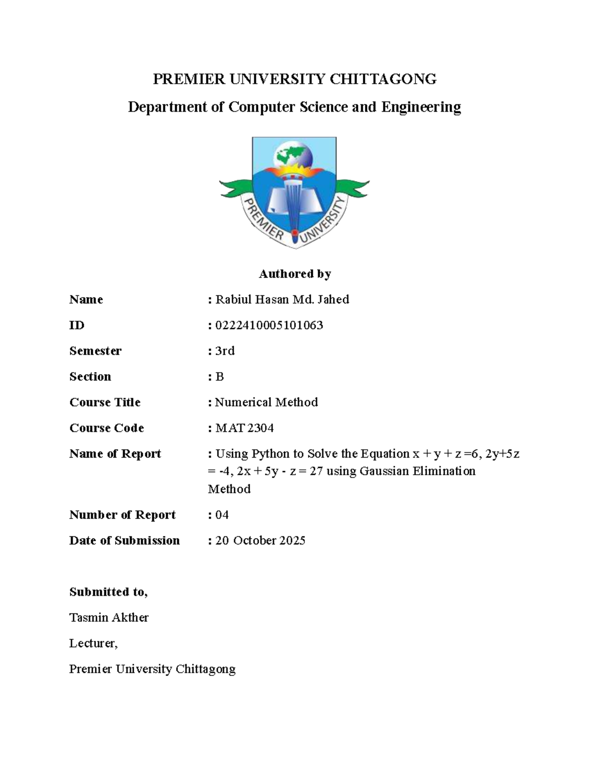 MAT 2304 NM4: Python Implementation of Gaussian Elimination Method ...