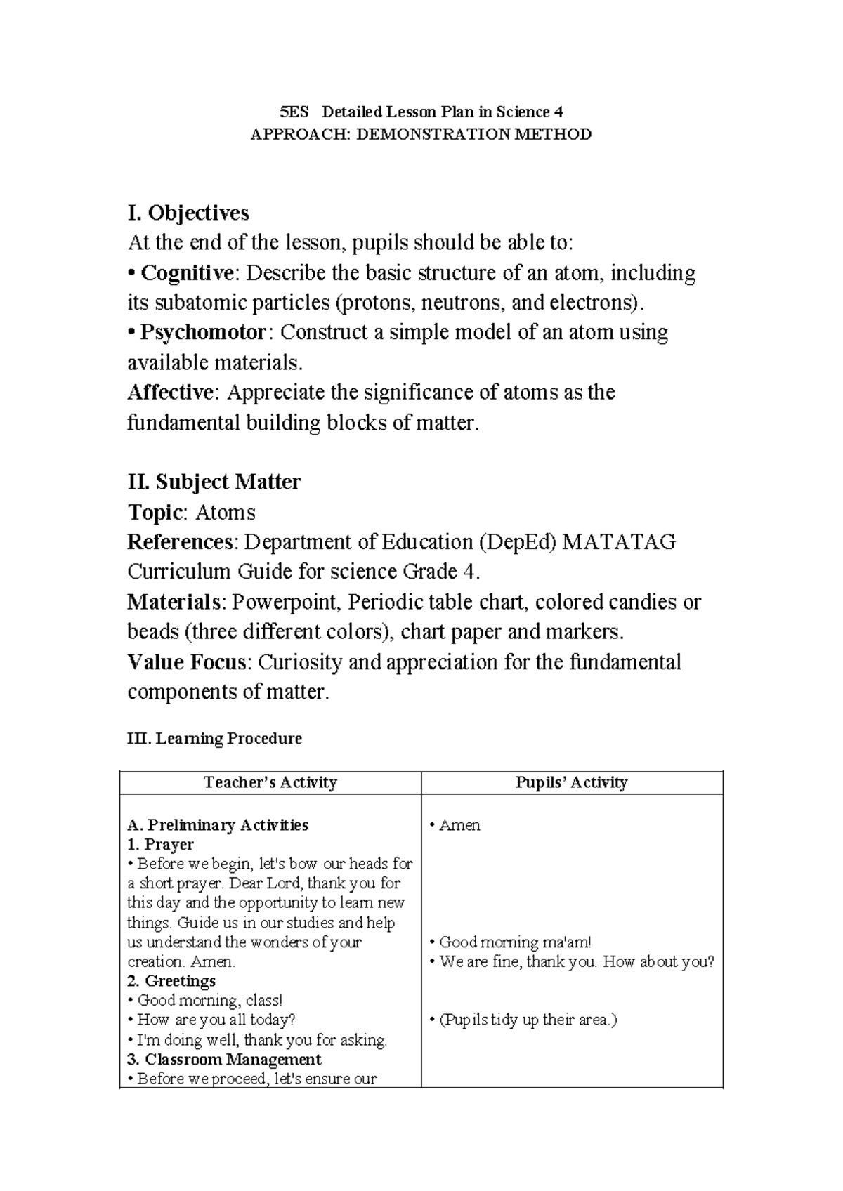 5ES Detailed Lesson Plan: Understanding Atoms through Demonstration ...