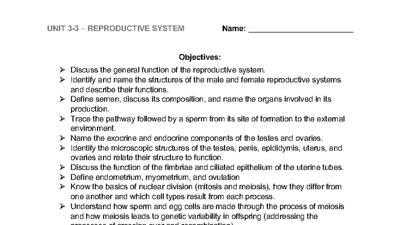 Reproductive System Lab (BIO 101): Structure & Function Overview - Studocu