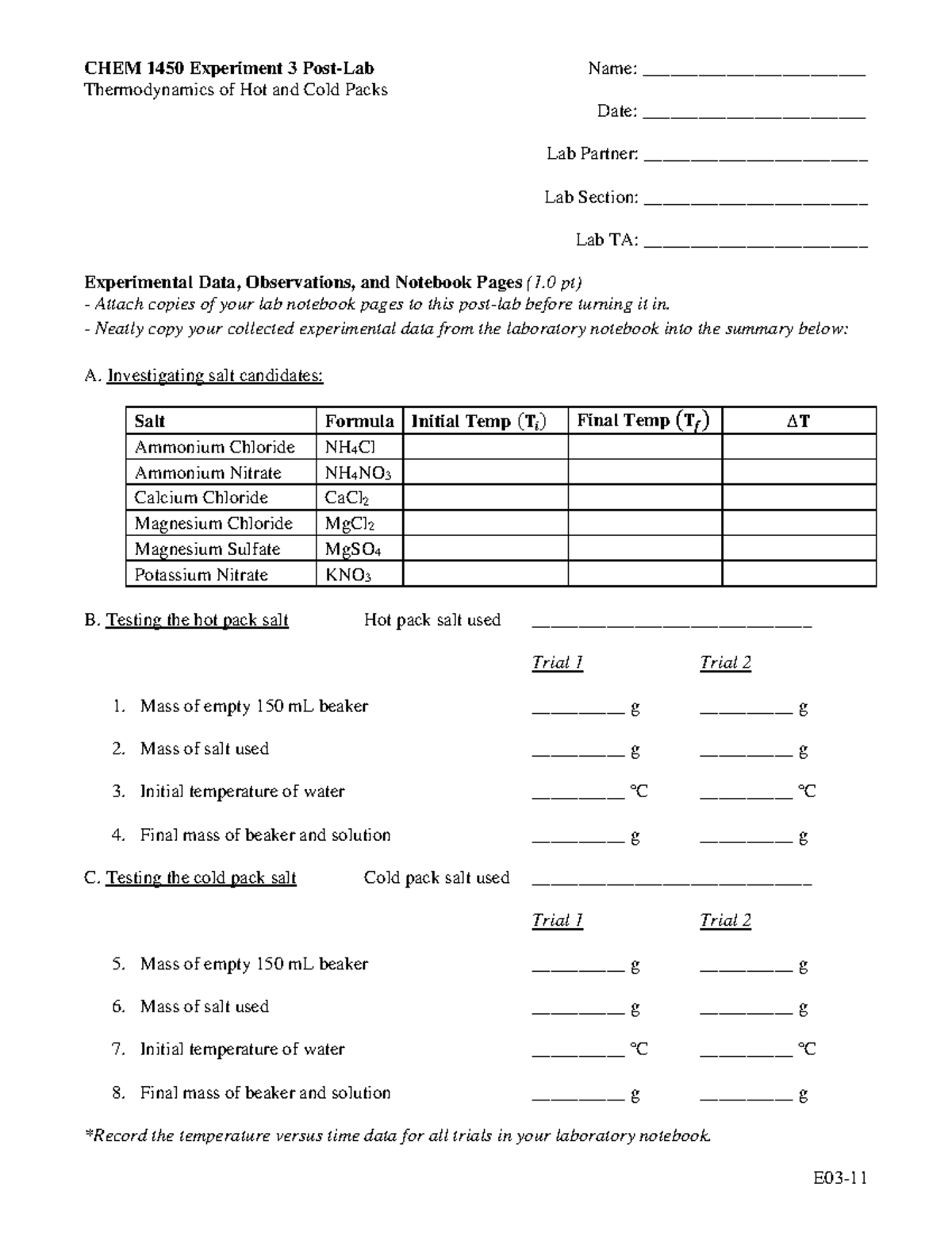 EXP 3 POST LAB - Experiment 3 post lab - CHEM 1450 Experiment 3 Post-Lab Name: - Studocu